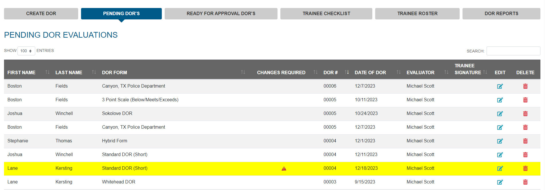 DOR's that are in your Pending DOR's tab for Changes Requested, will ...