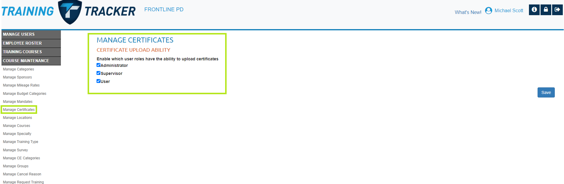 Set what user roles have access to upload certificates.