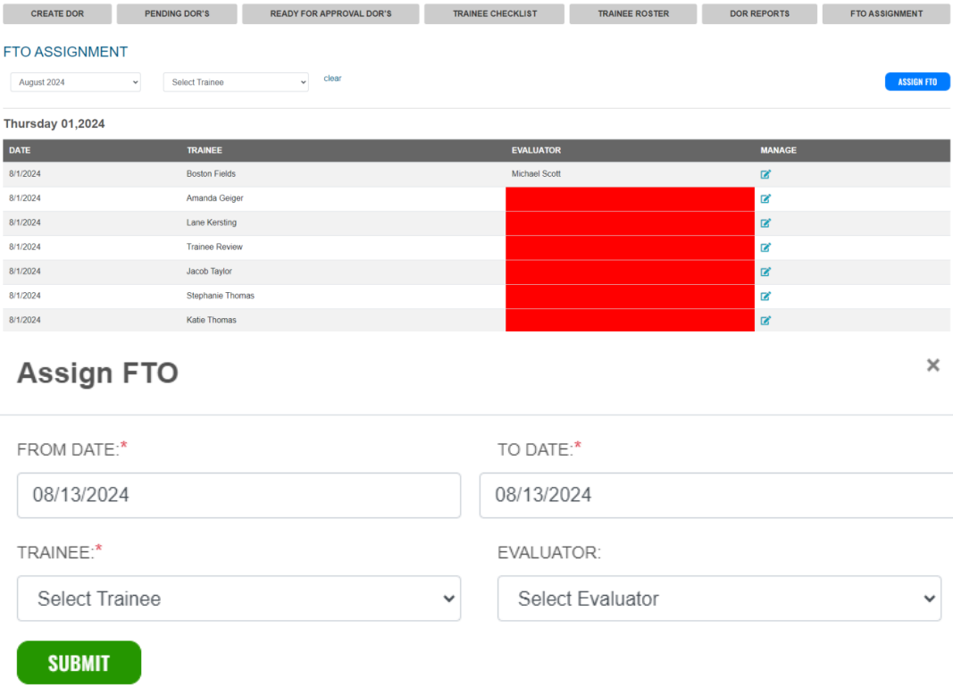Create a schedule for which CTO will be with your Trainee on which days.