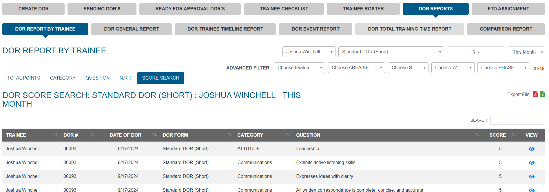 Addition to the 'DOR Report By Trainee' - Score Search
