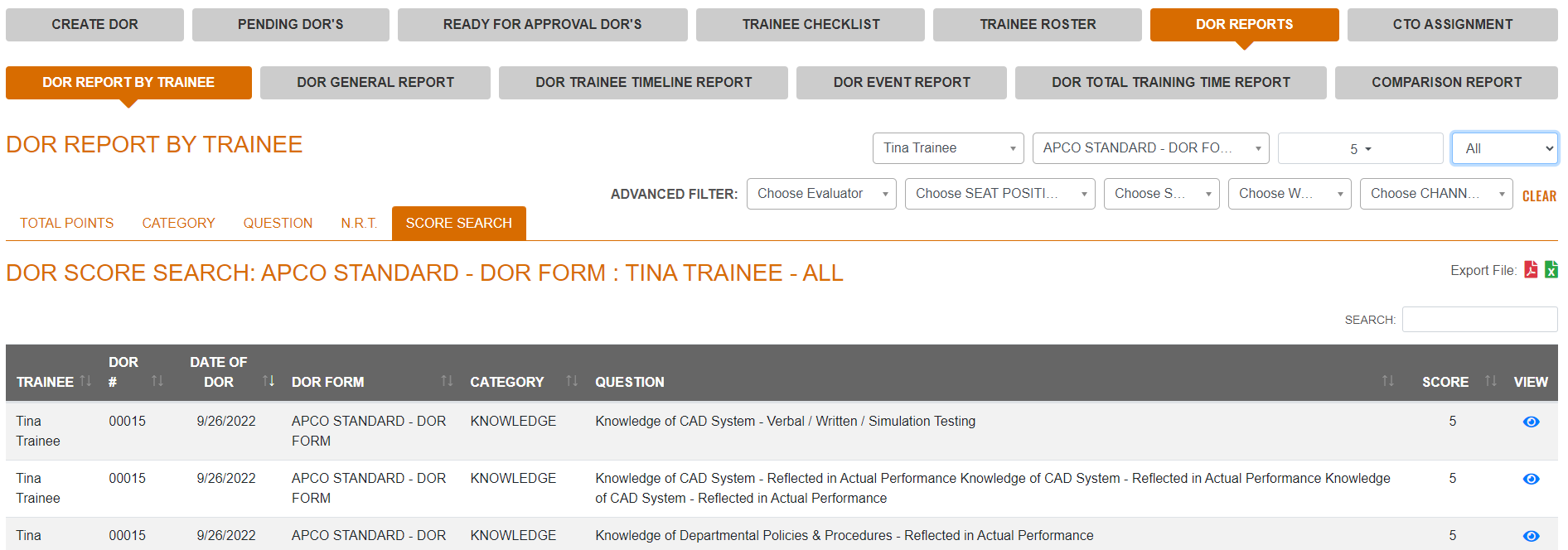 Addition to the 'DOR Report By Trainee' - Score Search